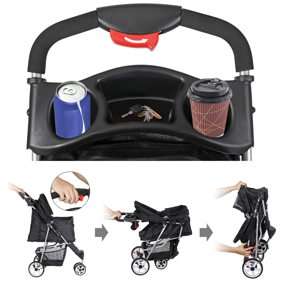 3/4-Wheels Foldable Pet Stroller Dog Cat Stroller w/Storage Basket ...
