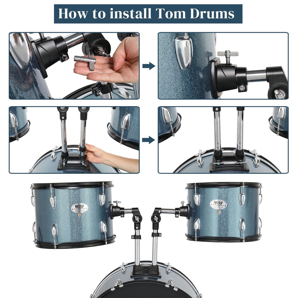 5pc Complete Full Size Pro Adult Drum Set Kit - Remo Heads, Brass ...