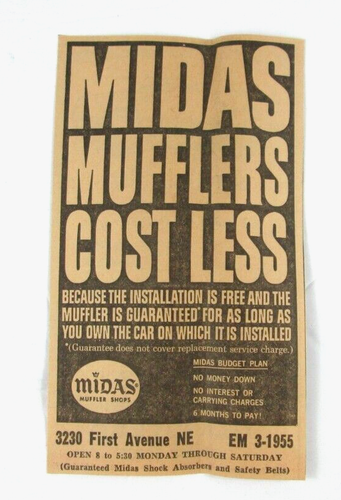 1963 Print Ad Clipping Midas Mufflers Cost Less Advertisement | eBay