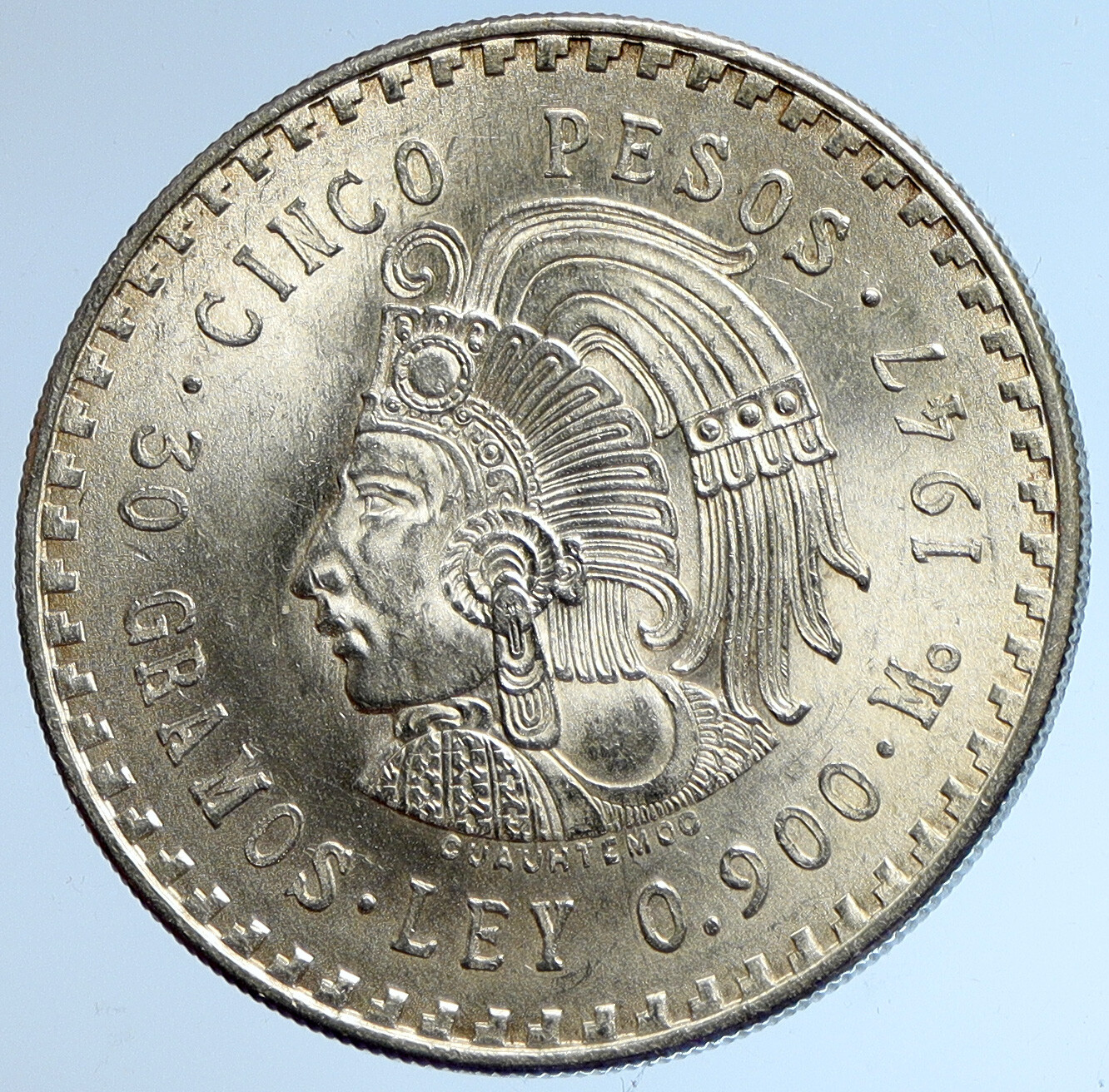 1947 MEXICO Aztec Chieftain CUAUHTEMOC Eagle VINTAGE Silver 5 Peso Coin ...