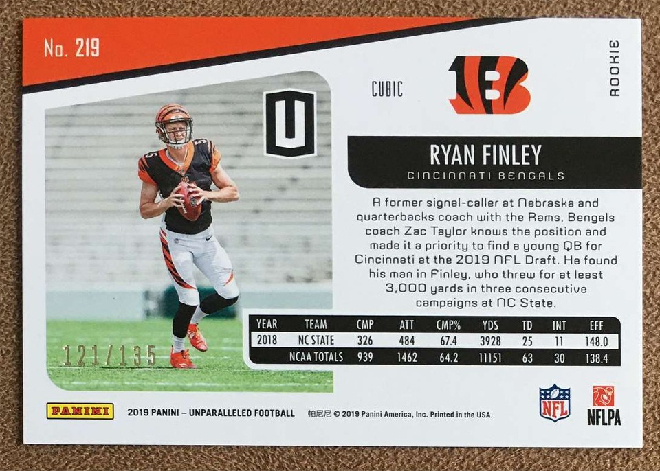 Ryan Finley 2019 Panini Unparalleled Cubic Rookie #219 /135 Cincinnati ...