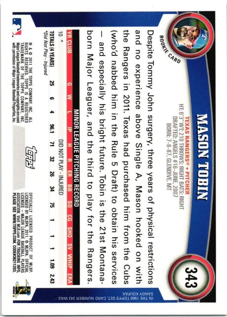 2011 Topps - #343 Mason Tobin (RC) for sale online | eBay