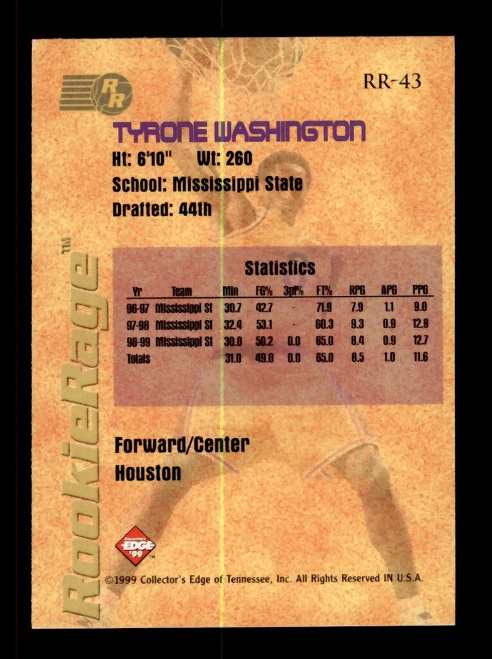 1999-00 EDGE ROOKIE RAGE GOLD INGOT #RR43 TYRONE WASHINGTON | eBay