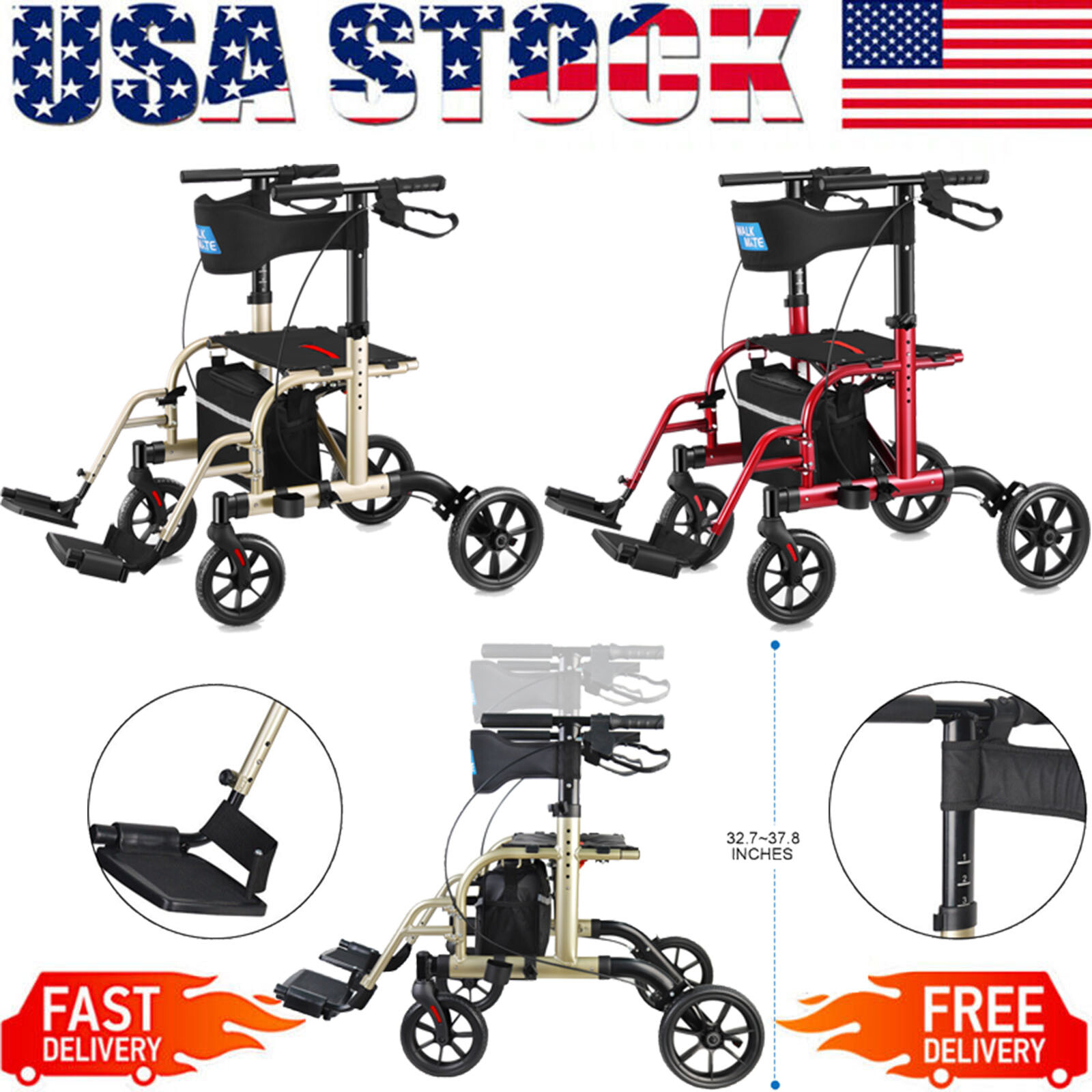Adjustable 2 in 1 Medical Rollator Walker Folding 10” Wheels Transport ...