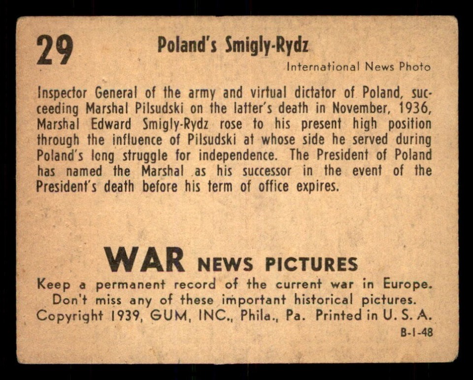 1939 Gum War News Pictures #29 Poland'S Smigly-Rydz VG/EX | eBay
