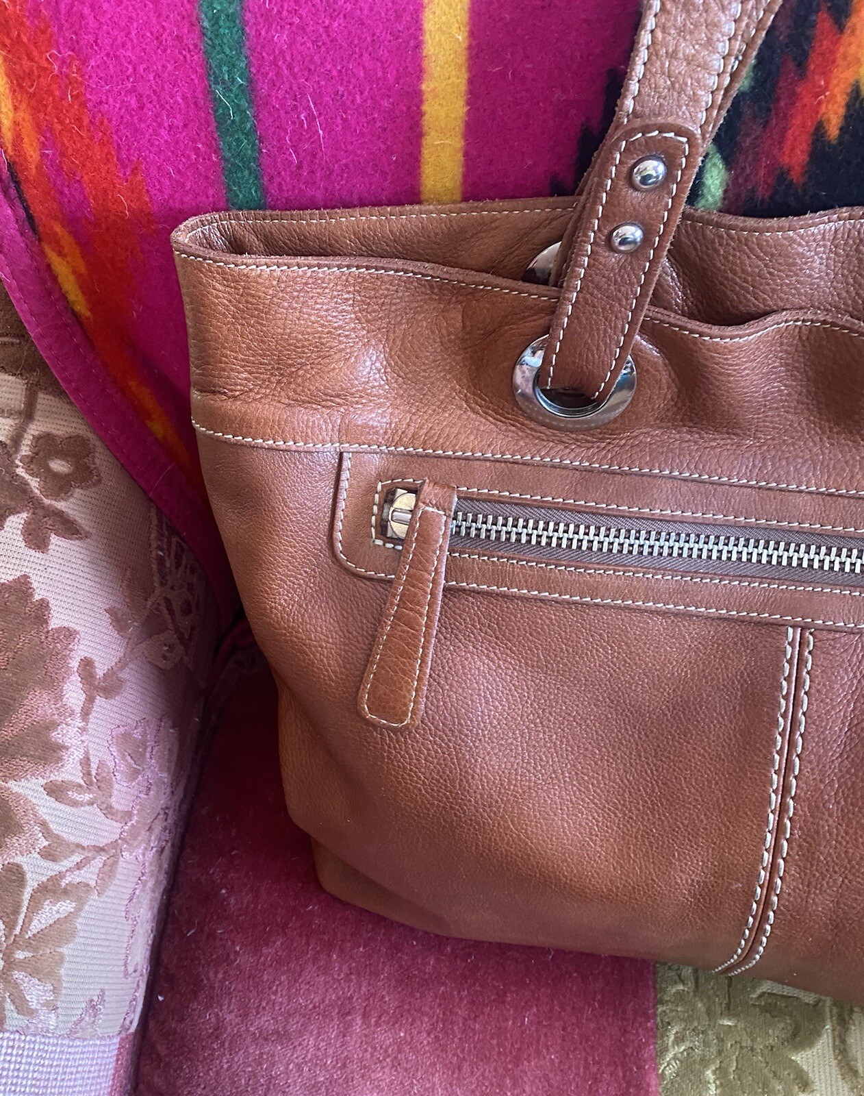 ROOTS CANADA All Leather Cognac XL 17x12” Lined SHOULDER BAG Tote ...