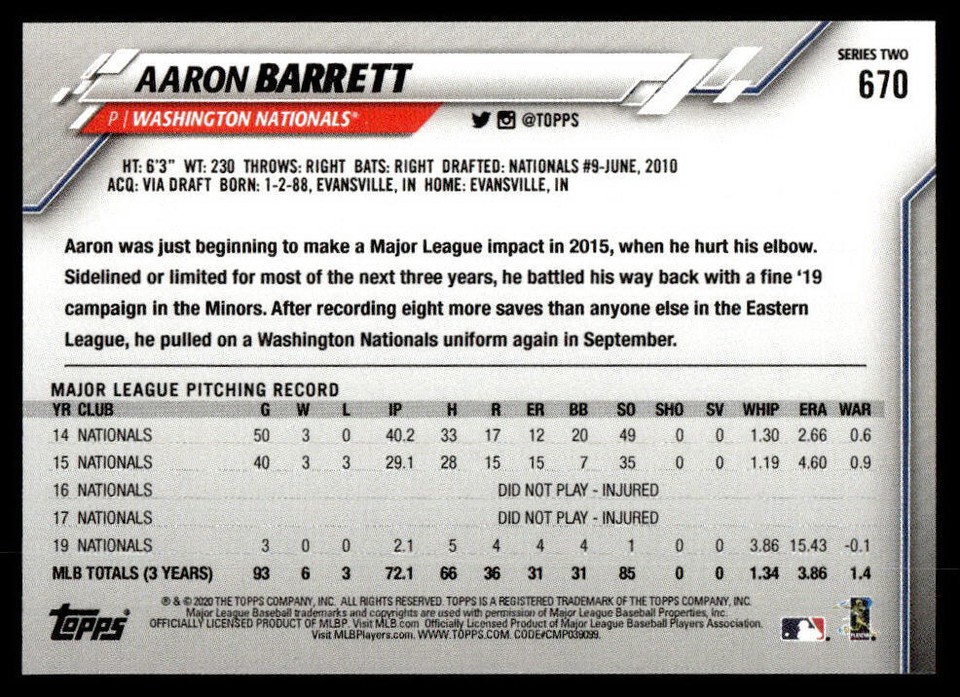 2020 Topps MINI Aaron Barrett #670 Print Run ~402 Washington Nationals ...
