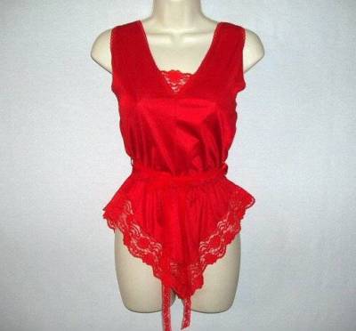 VTG SAUCY RED HOT SILKY 1 PC ROMPER LAVISH LACE FLIRTY SEXY SKIMPY ...