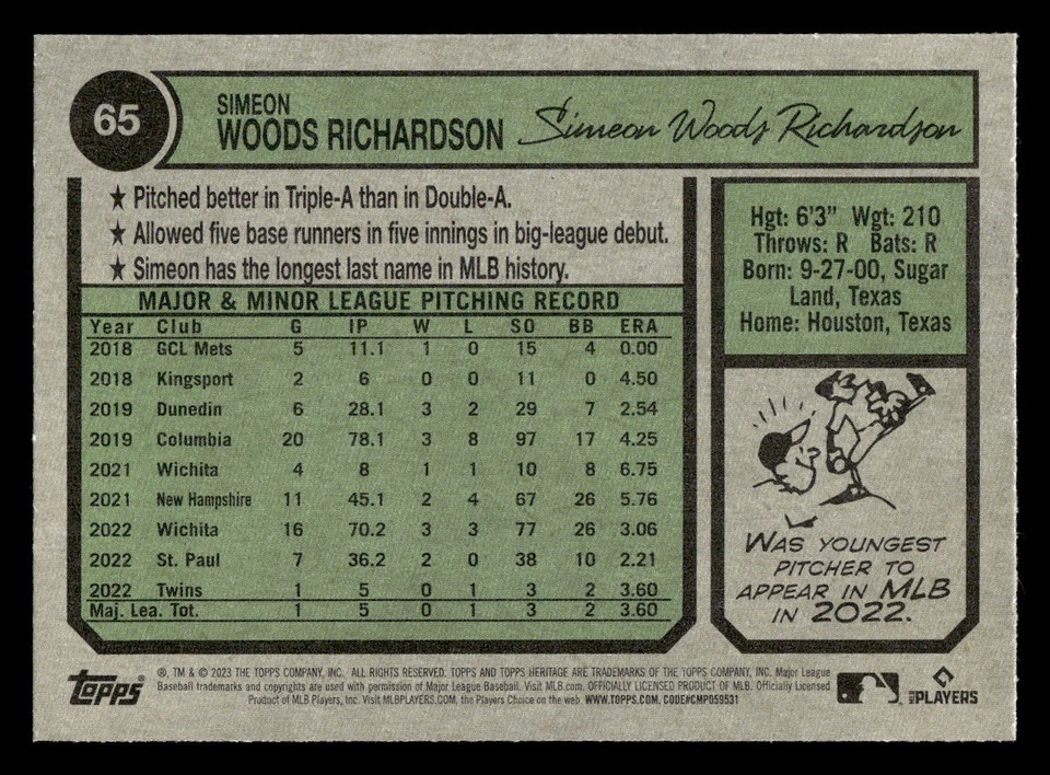 2023 Topps Heritage Simeon Woods Richardson #65 Baseball Twins RC | eBay
