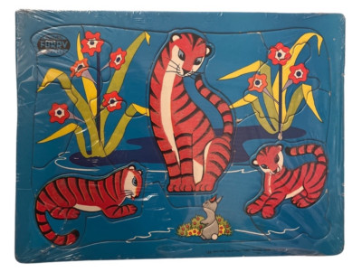 Vintage Cardboard Fuzzy Tiger Puzzle Built Rite. Orange Tiger Mom and ...