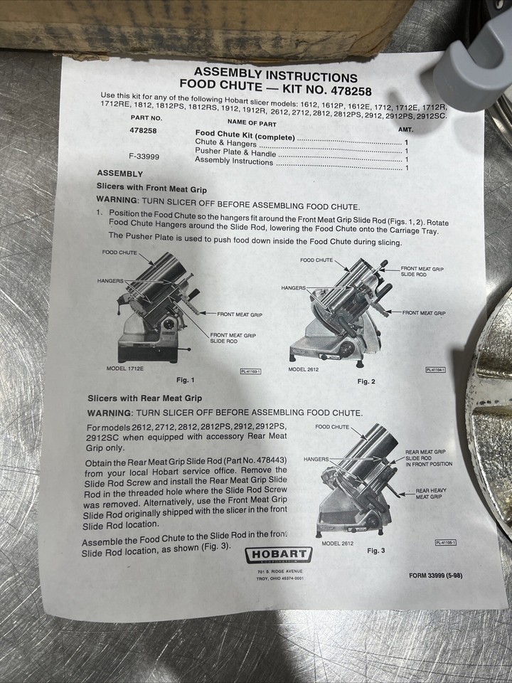 Hobart Food Chute 00-873604 Fits Slicers 1612, 1712, 1812,1912, Ect ...