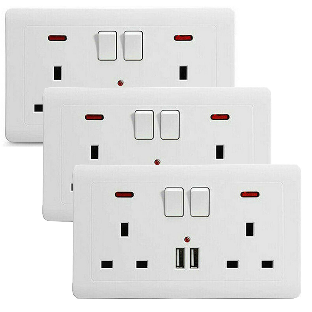 Double Wall Plug Socket 2 Gang 13A with 2 USB Charger Port Outlets ...
