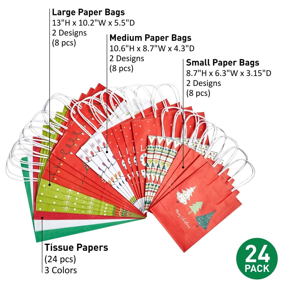 SUNCOLOR Pack of 24 Christmas Gift Bags Assorted Sizes With Tissue ...