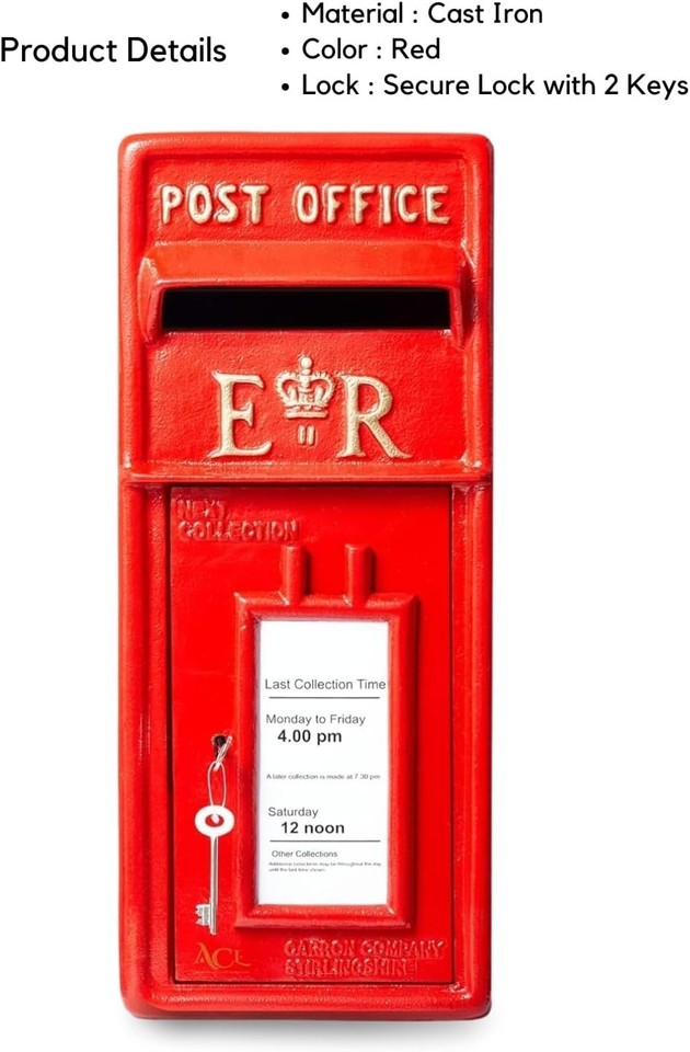Post Box Red ER with Lock Wall Mounted Royal Mail Design Mailbox Large ...
