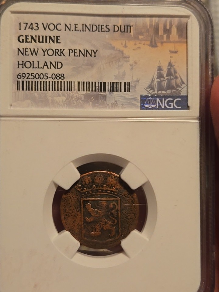 1743 New York Penny - NGC Coin SLABBED - VOC N.E. Indies Duit - Holland ...