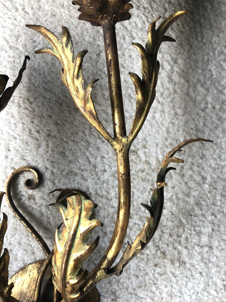 Vintage Gilt Gold Metal Double Light Fixture Sconce Globed Flowers ...