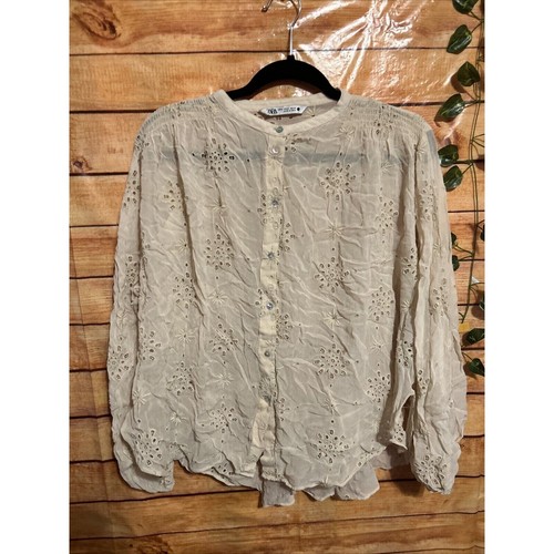 Zara Shell button Floral front eyelet embroidered blouse Sz M | eBay