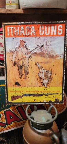 Vintage Old tin Ithaca Guns embossed sign Original sporting goods gas ...