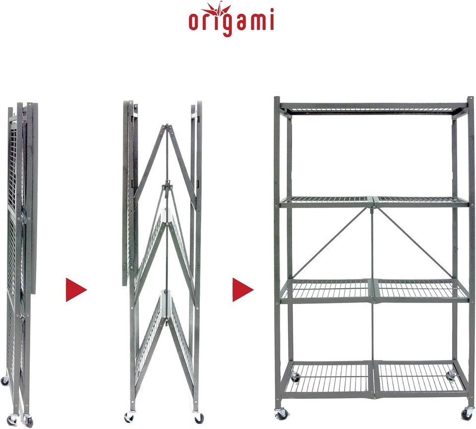 Origami 4 Tier Folding Shelves, Storage Shelving Rack Unit with Wheels ...