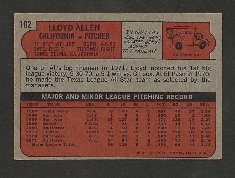 1972 TOPPS BASEBALL CARD # 102 LLOYD ALLEN California Angels ex | eBay