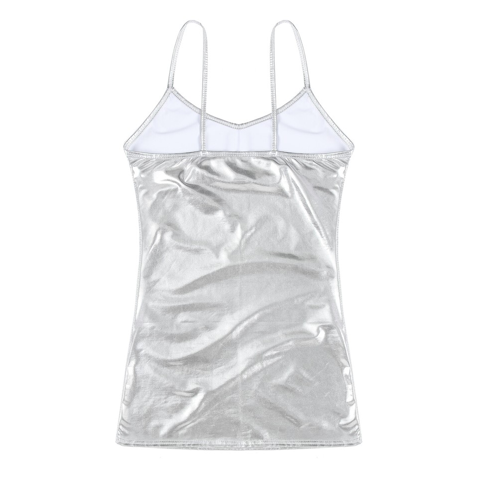 Womens Shiny Metallic Mini Dress Glossy Sexy Spaghetti Straps Dress ...