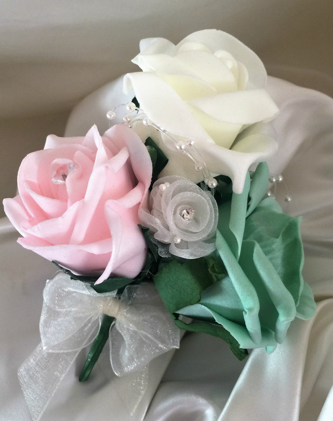 Wedding Flowers Pink/Mint Rose Crystal Bouquet, Bride/Bridesmaids ...