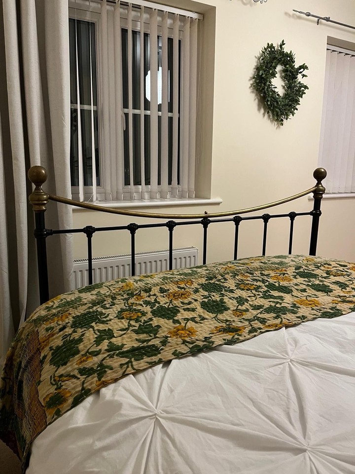 Cast Iron Double Bed Bedstead Frame Black And Brass Headboard And ...