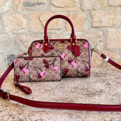 Coach Rowan Tan Multi Cherry Signature Satchel Crossbody Bag/Wallet ...