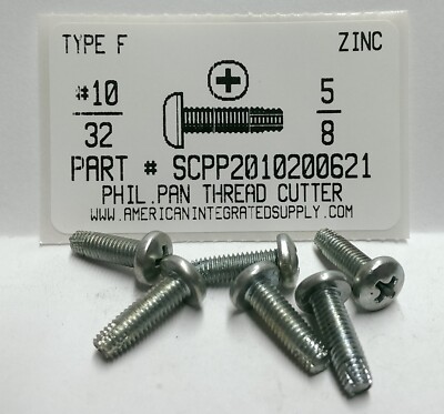 #10-32x5/8 Pan Phillips Thread Cutting Screws Type F Steel Zinc Plated ...