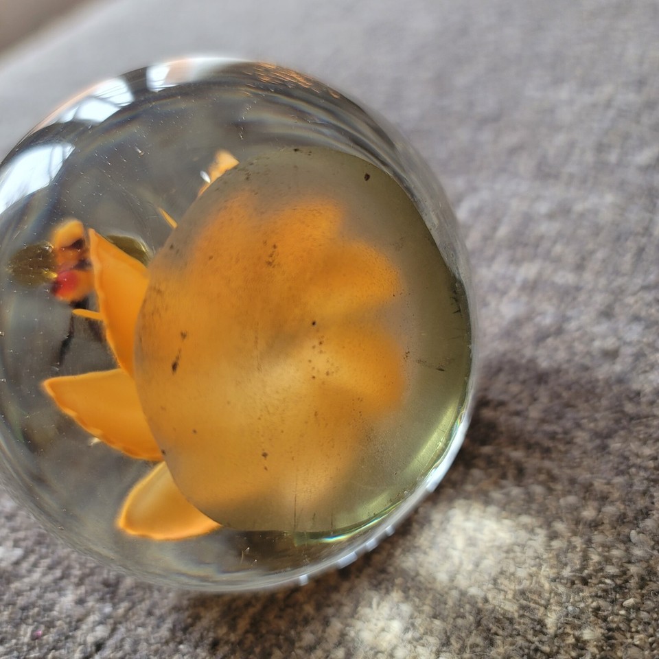 Vintage Glass Paperweight Orange Flower Blossom Bumble Bee Clear Blown ...