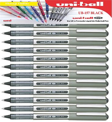 12 x Uniball Eye FINE UB 157 Roller Ball Pen 0.7mm BLACK Uni ball Pens ...
