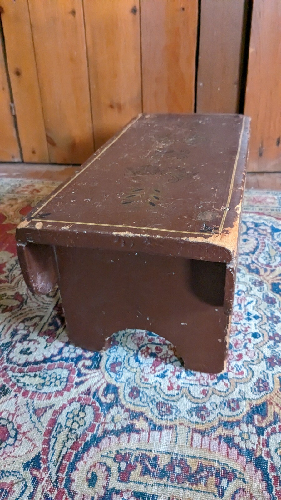Antique Early Primitive Wood Folk Art Foot Stool Orig Red Paint 17" | eBay