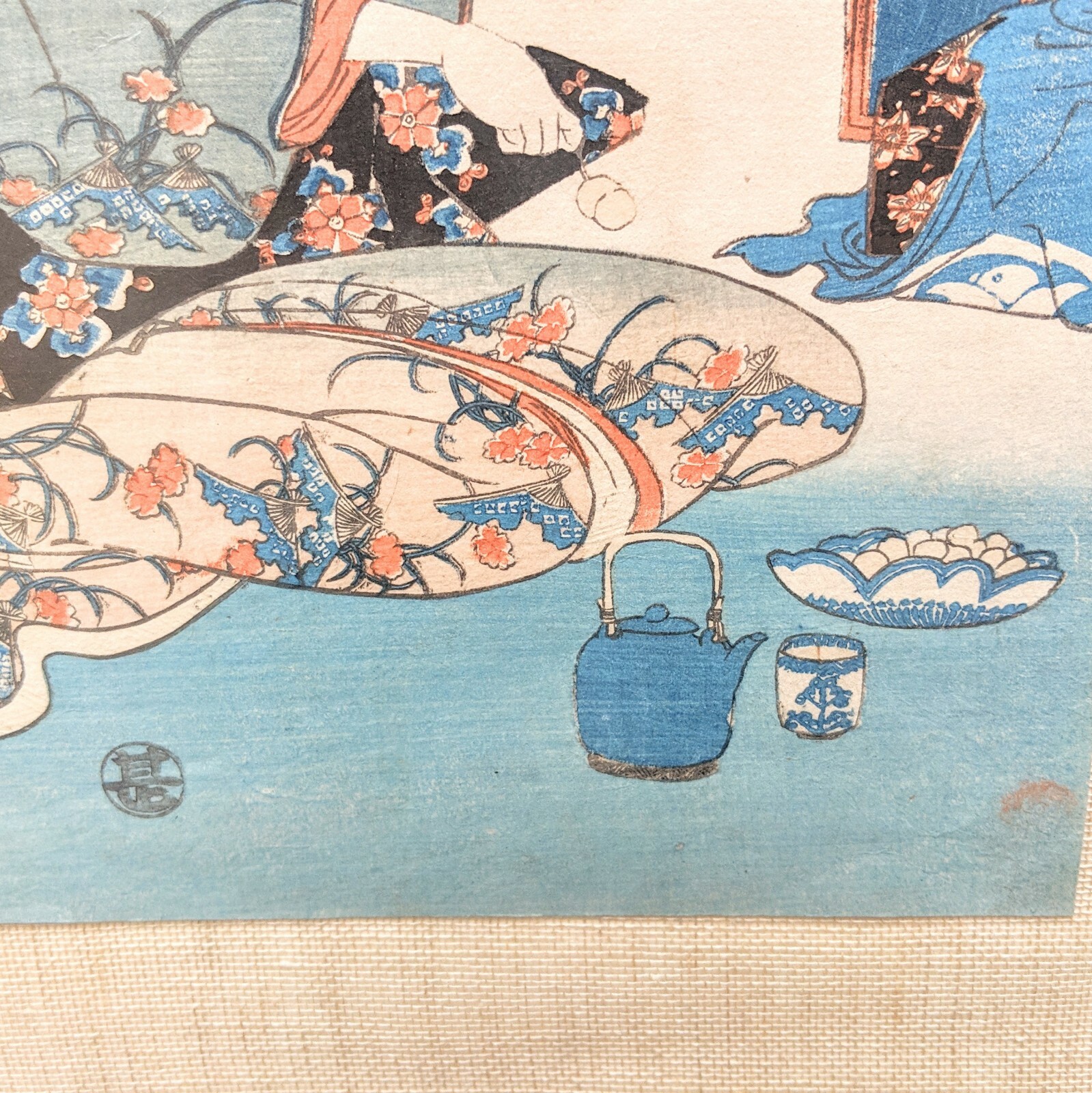 1800s Kuniyoshi Framed Geisha Woman with Tea Woodblock Print Art 13.5 ...