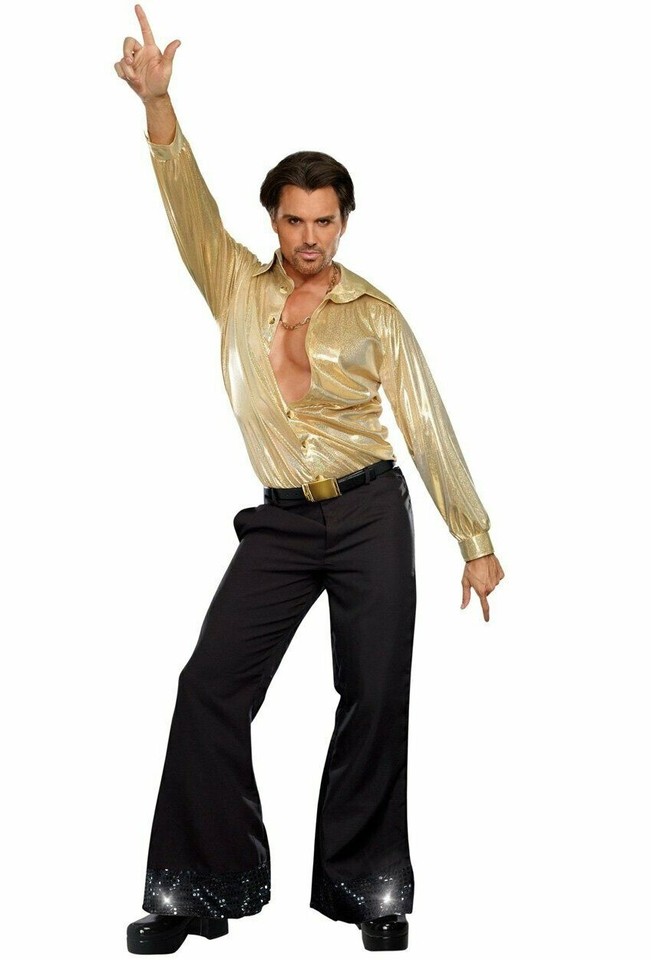 Mens Gold 70s Disco Costume 1960s Fancy Dress Up Retro 1970s Hippie ...