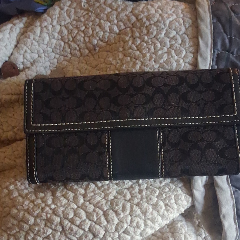 Coach Black Logo Women's Checkbook Wallet Folding Credit Card Button ...