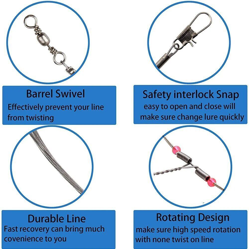 12Pcs Stainless Steel Fishing Wire Leader Rigs with Swivel Snap ...