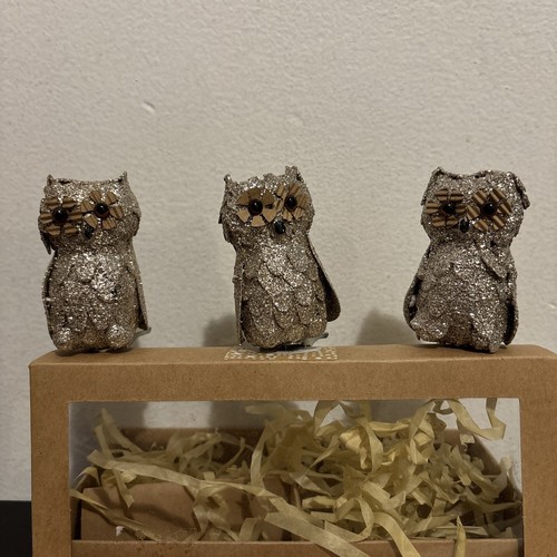 West Elm OWL Christmas Tree Ornaments Silver Glitter Three Pack Clip On ...
