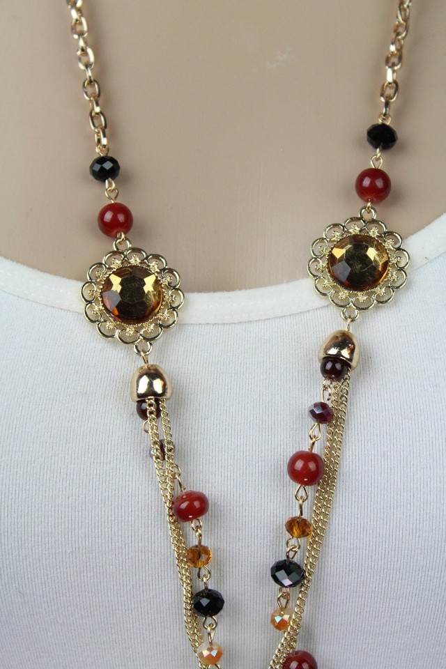Long Fringe Necklace Set W Large Colored Rhinestones, Filigree & Yarn ...