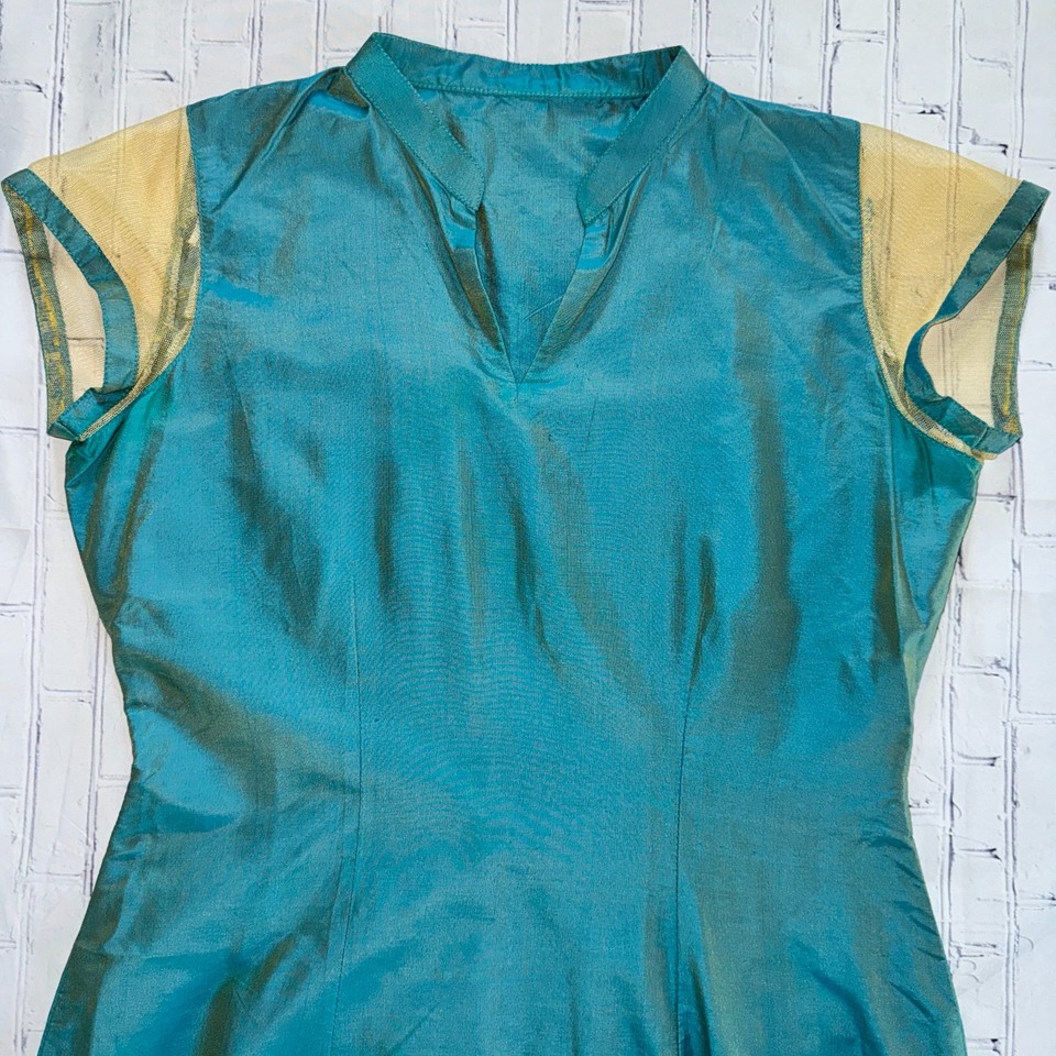 90s vtg IRIDESCENT Turquoise Teal Color Changing Silk Top Tunic Mini ...