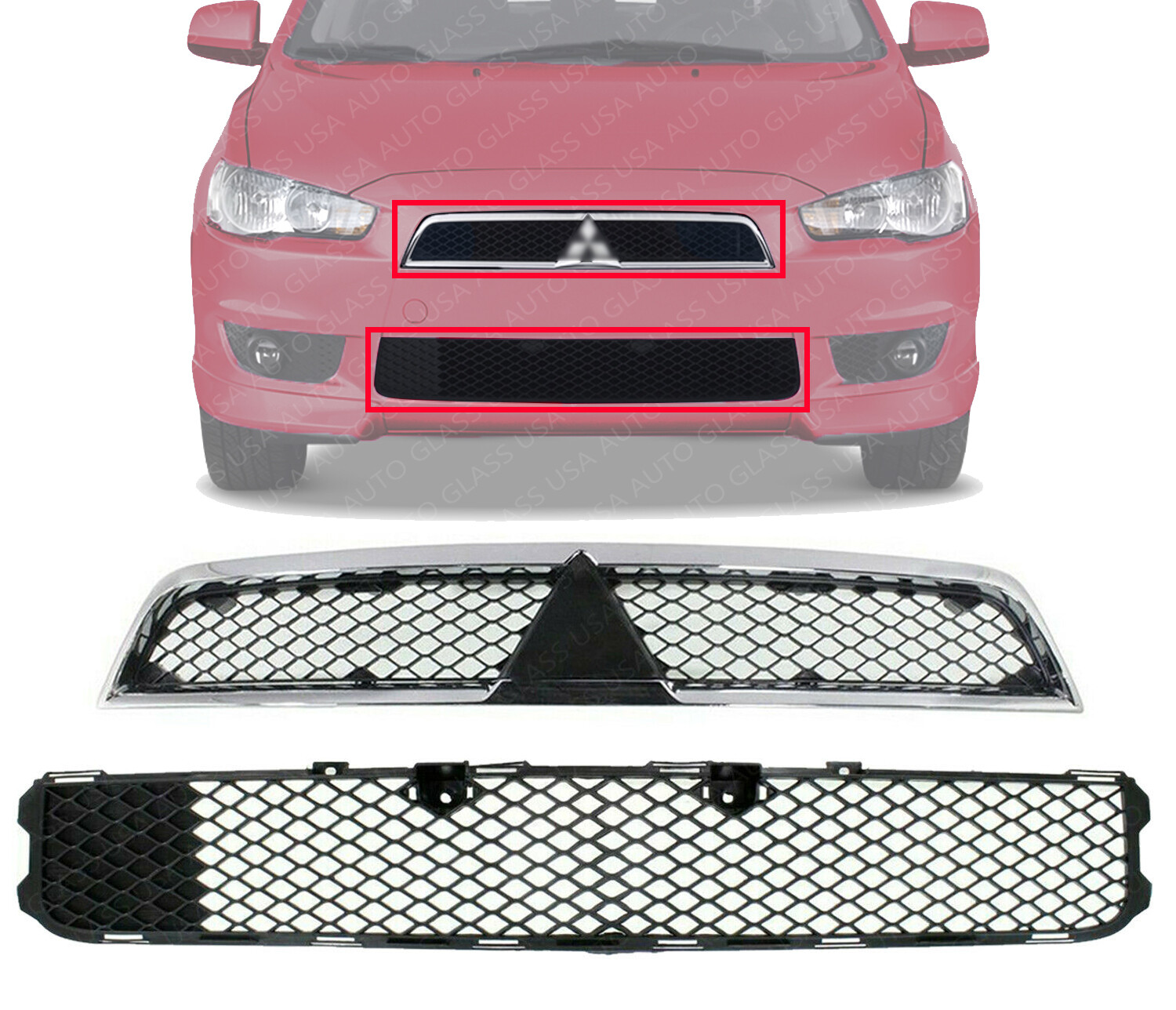 Grille Assembly Chrome + Front Bumper Grille For 2008-2015 Mitsubishi ...