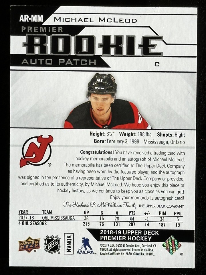 MICHAEL MCLEOD 2018-19 UPPER DECK PREMIER ROOKIE AUTO TRI-COLOR PATCH ...
