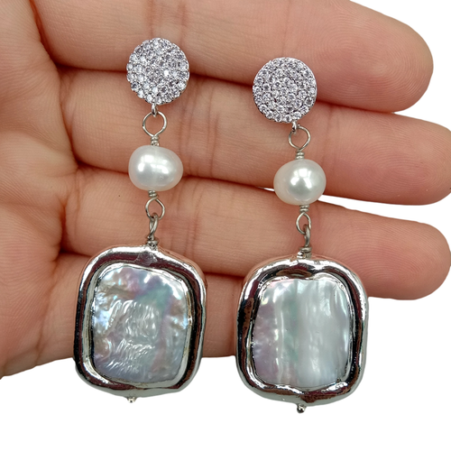White Pearl Rectangle Keshi Pearl White Gold Plated Edge Dangle Stud ...