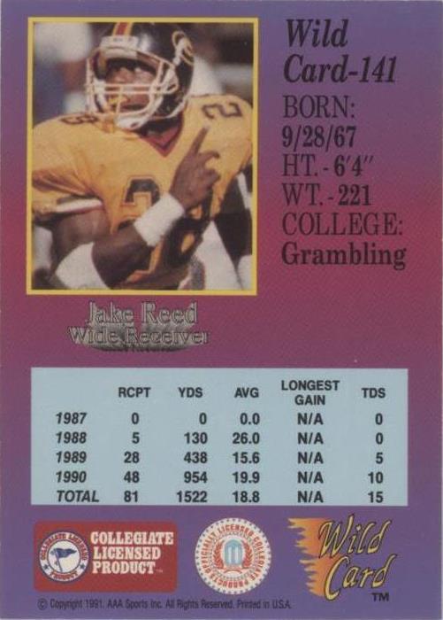 1991 Wild Card Draft Jake Reed #141 for sale | eBay