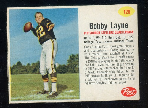 1962 Post Football #126 Bobby Layne Steelers HOF LOOK!! | eBay