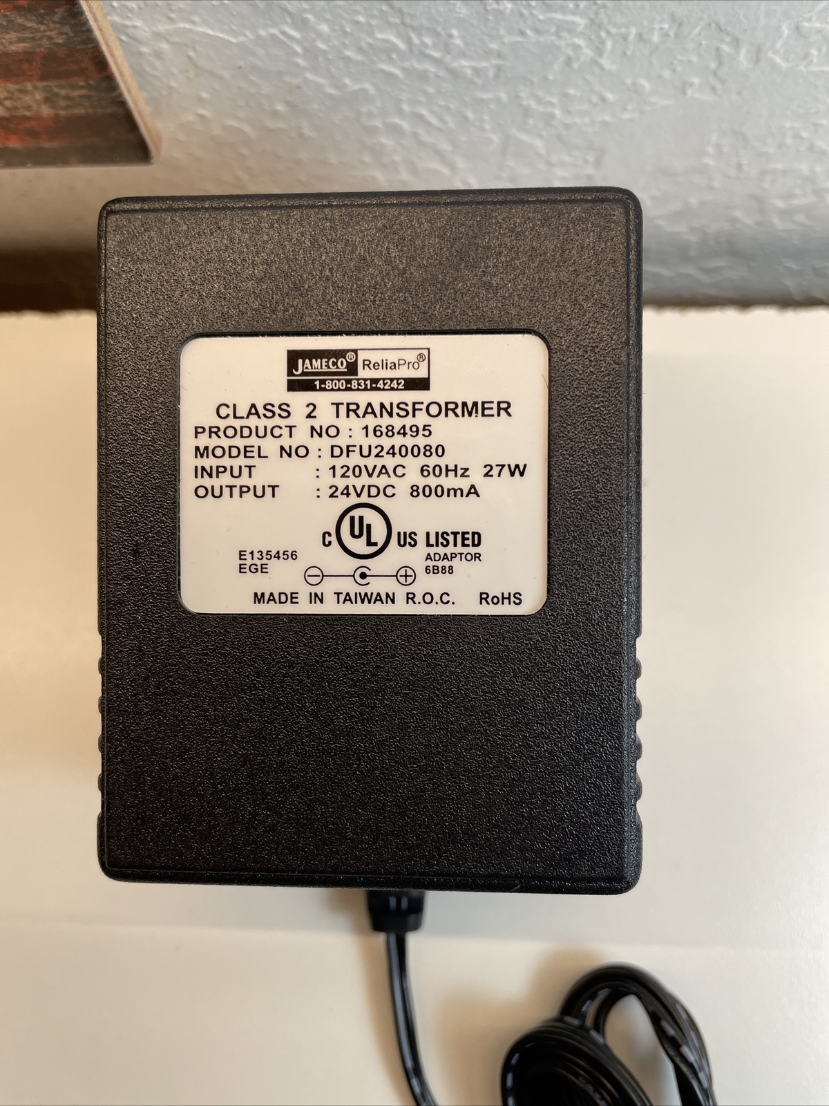 Jameco Relia PRO Plug In Class 2 Transformer DFU240080 120VAC/27W 24VCD ...