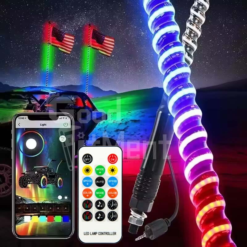2X 3ft Lighted Spiral COB LED Whip Antenna w/Flag + 10X RGB Rock Lights ...