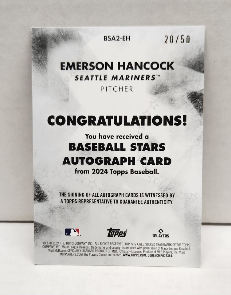EMERSON HANCOCK 2024 Topps Baseball Stars Autograph GOLD ~ Mariners ...