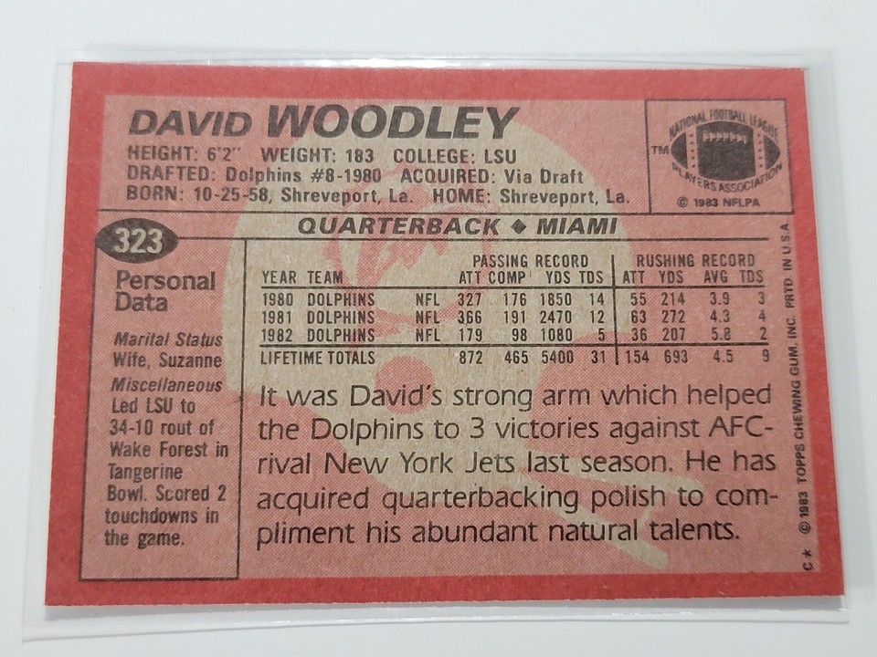 DAVID WOODLEY 1983 Topps #323. DOLPHINS - Nice Shape | eBay