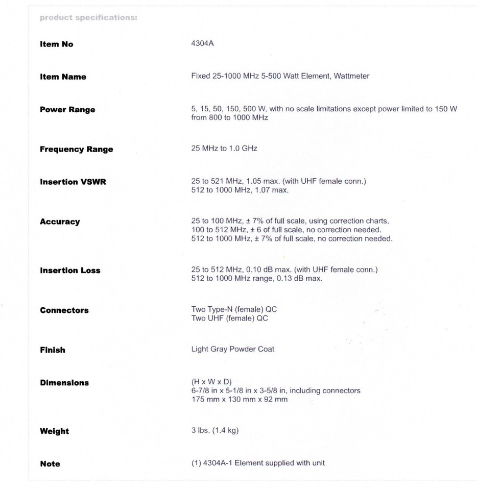 New Bird 4304A 25 to 1000 MHz, 5-500 Watt, Fixed Element RF Wattmeter ...