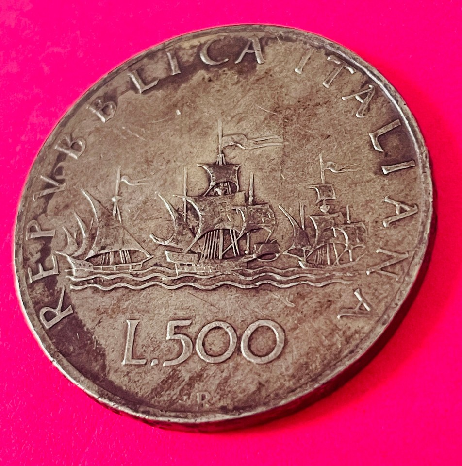 1960 Repvbblica Italiana R L.500 Lire .835 SILVER COIN Columbus Ships ...